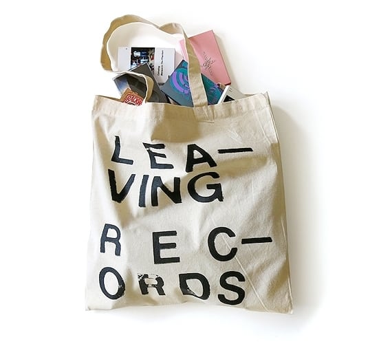 Here is a Leaving Record tote bag full of cassette tapes - Stones Throw Records